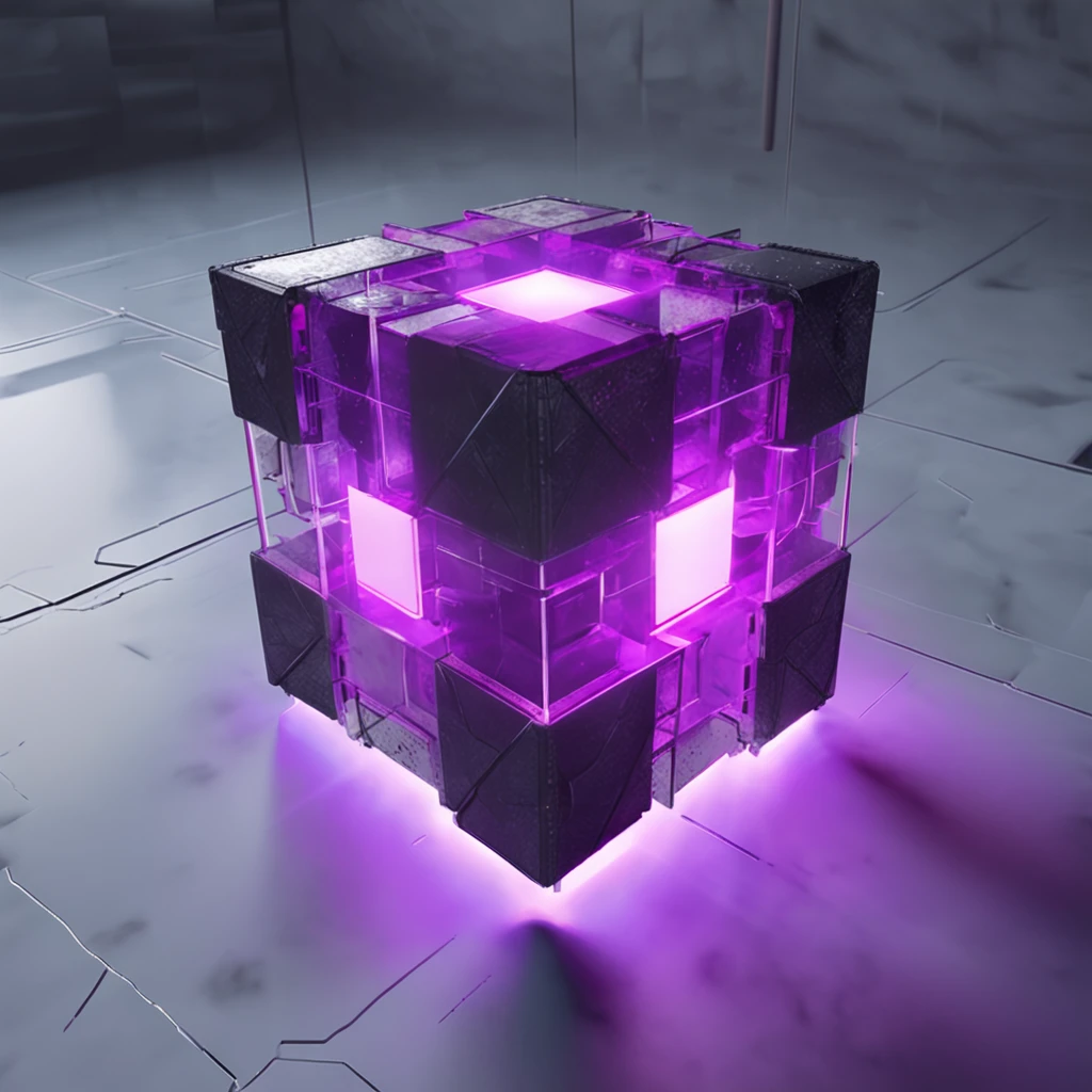 Purple light shining on a purple cube on a white floor - SeaArt AI