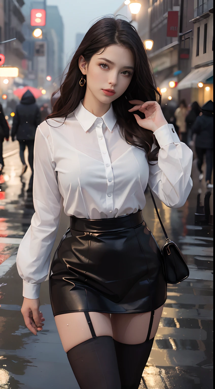 Araffe woman in a white shirt and black skirt walking down a street - SeaArt AI