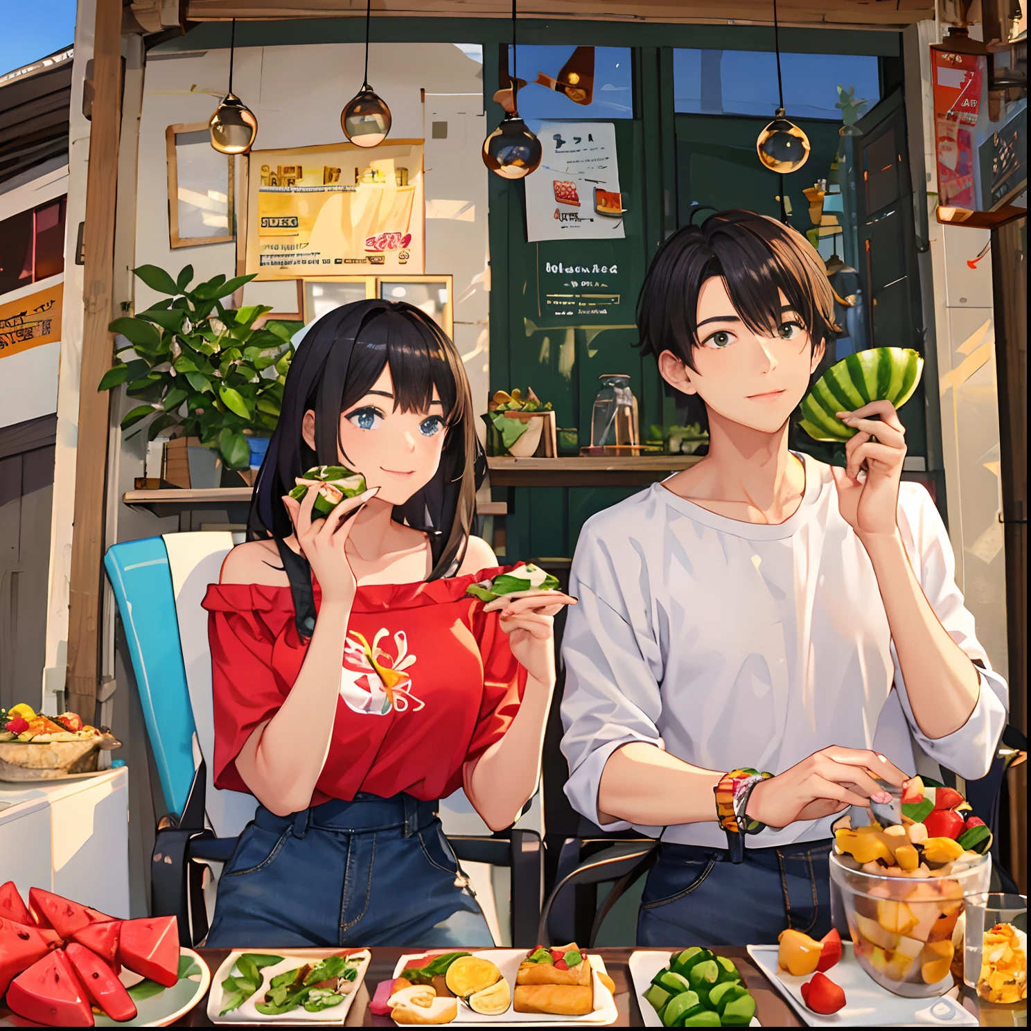 Anime couple eating a meal in a restaurant with a fruit stand - SeaArt AI