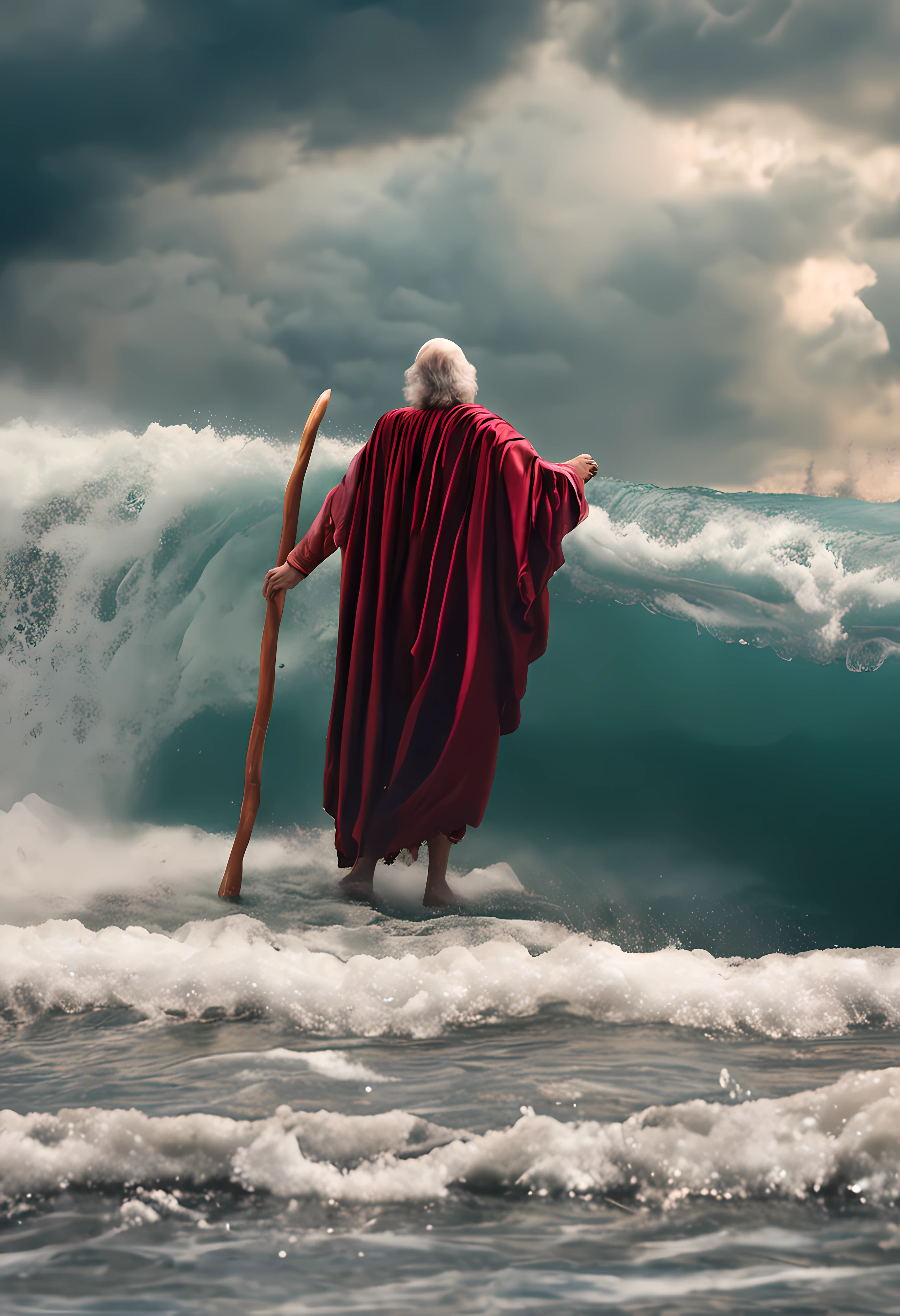Arafed man in red robe standing in the ocean with a stick - SeaArt AI