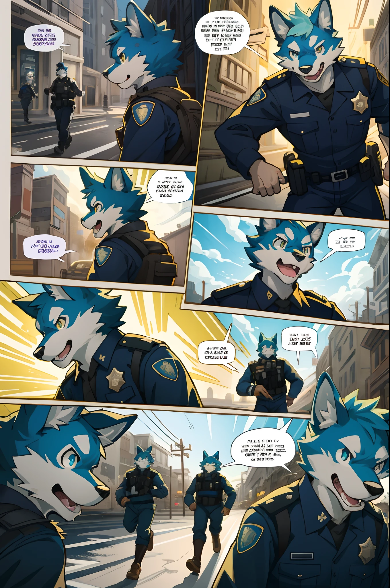 A comic strip with a comic strip of a cat in a police uniform - SeaArt AI