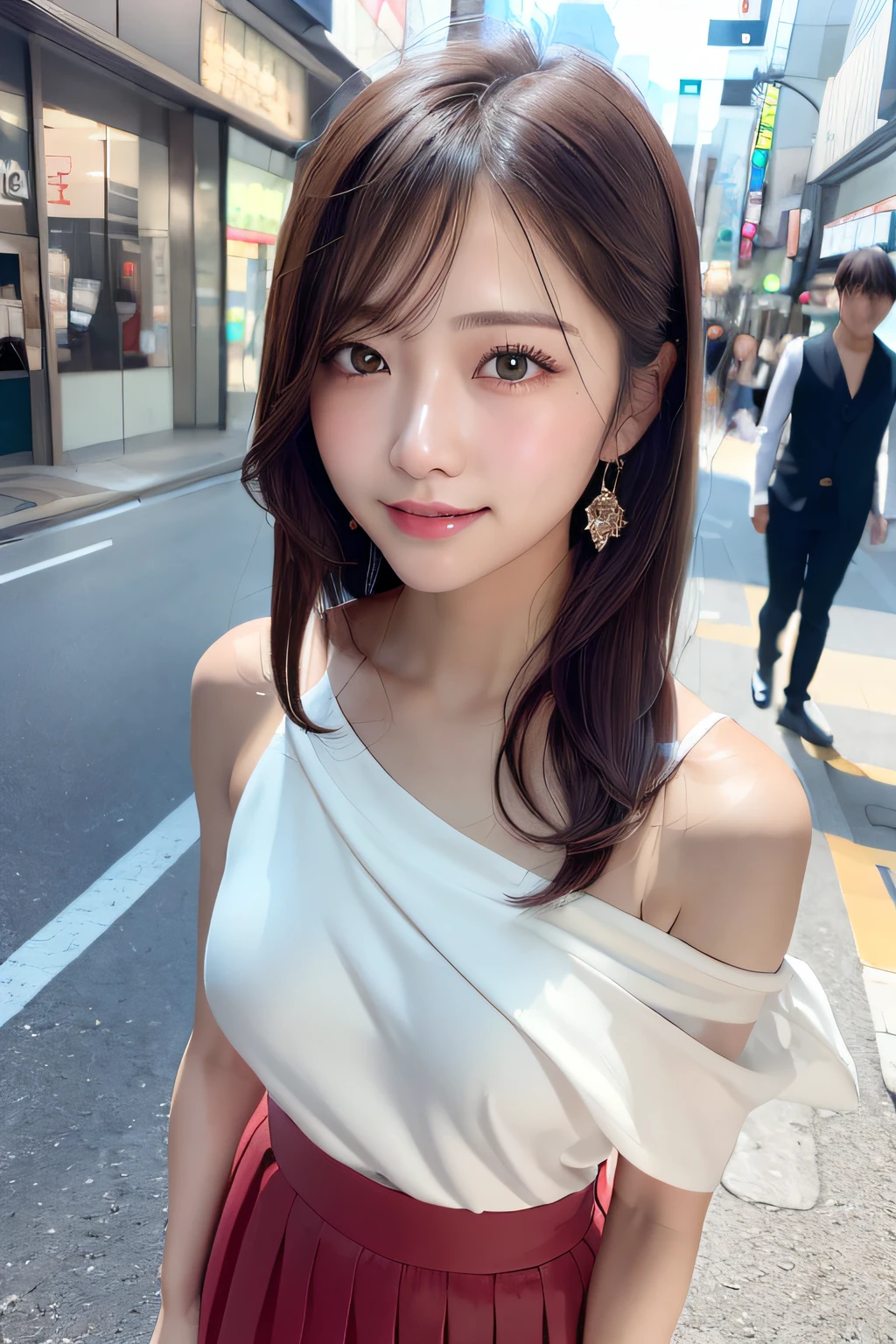 A woman in a white top and red skirt standing on a street - SeaArt AI