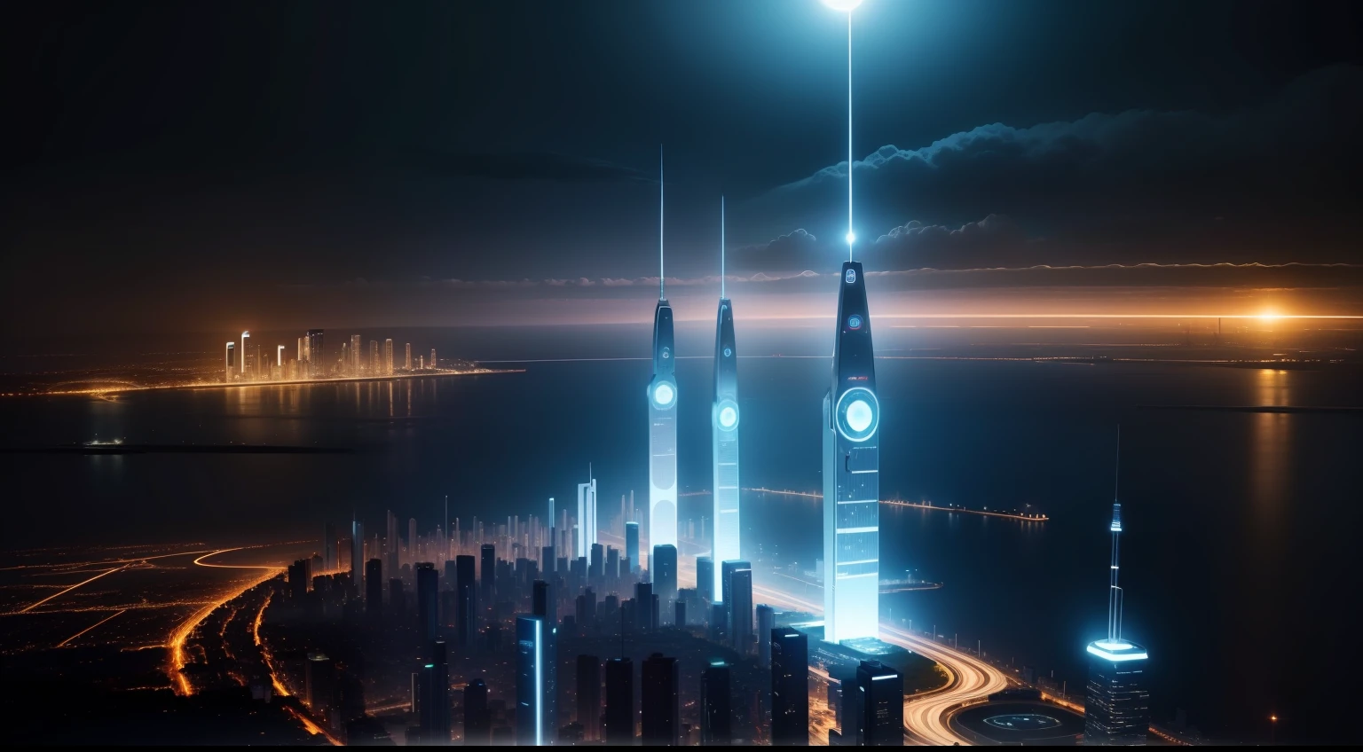 Arafed view of a city at night with a clock tower - SeaArt AI