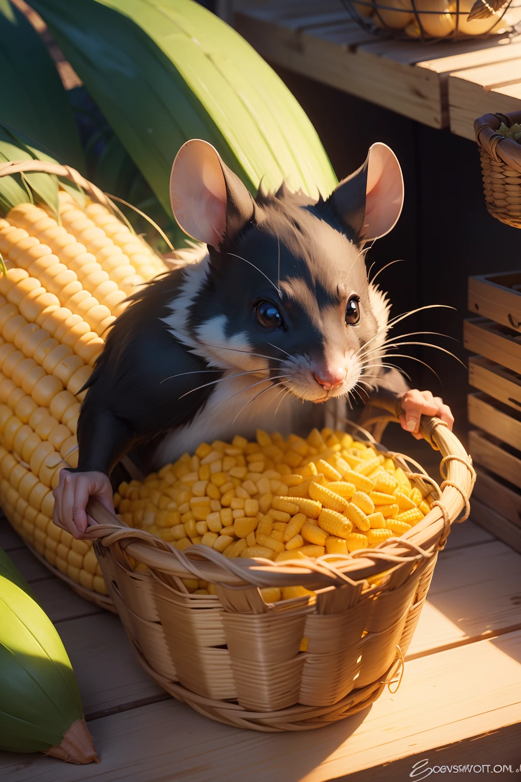 The greedy rat saw a basket full of corn - SeaArt AI
