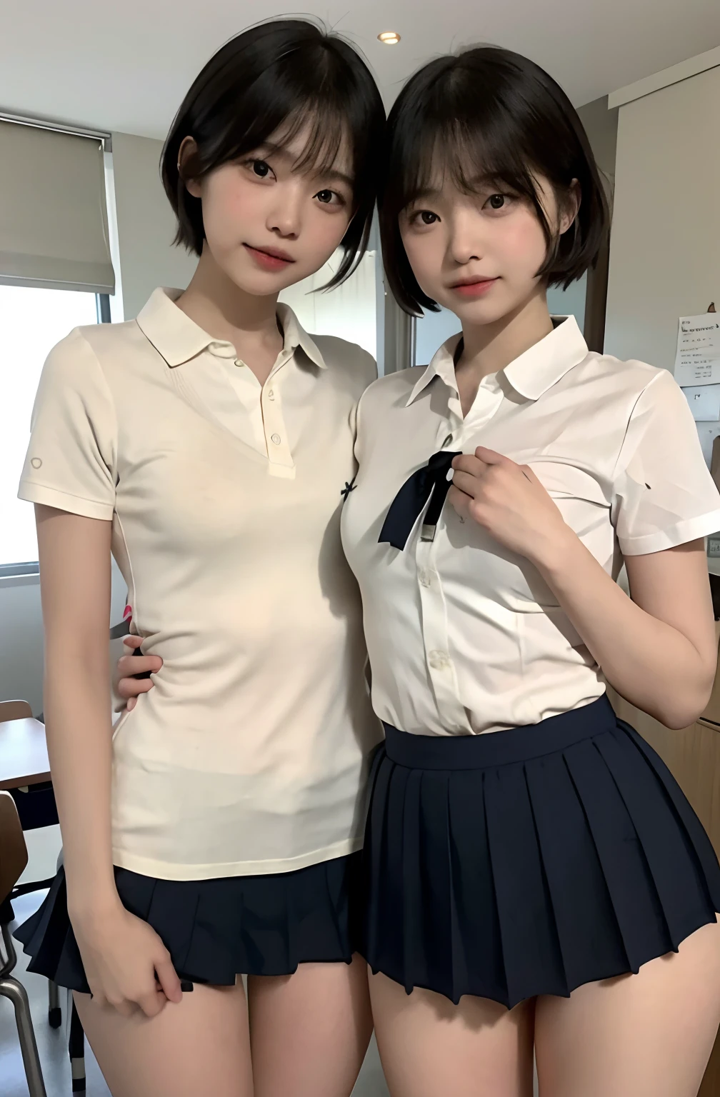 制服を着たアジア人女性2人が写真を撮るためにポーズをとっている Seaart Ai 