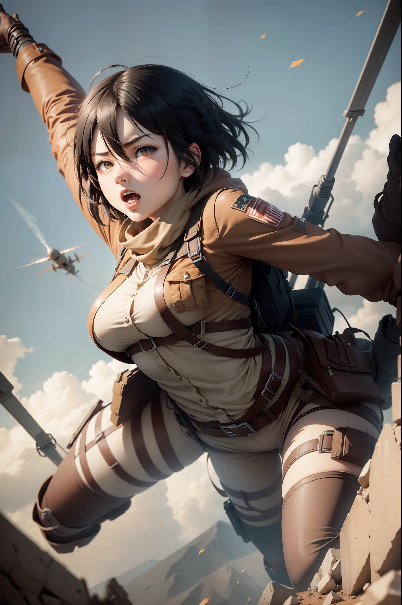 Mikasa's Attack on Titan, dynamic pose, Medium air with ODM equipment in action --Size 1:1 ...