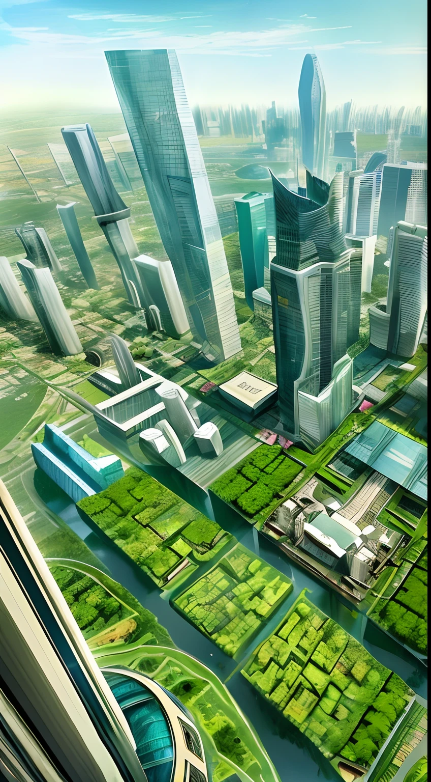Futuristic city with a green lawn and a river in the middle - SeaArt AI