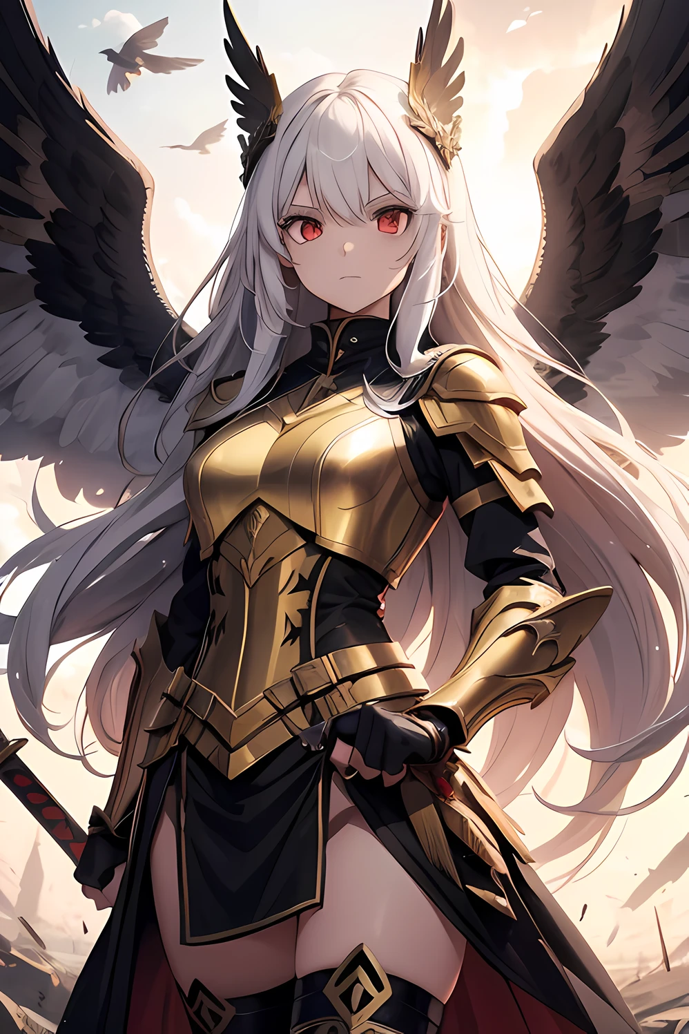 A woman with long white hair and a sword standing in front of a sky ...