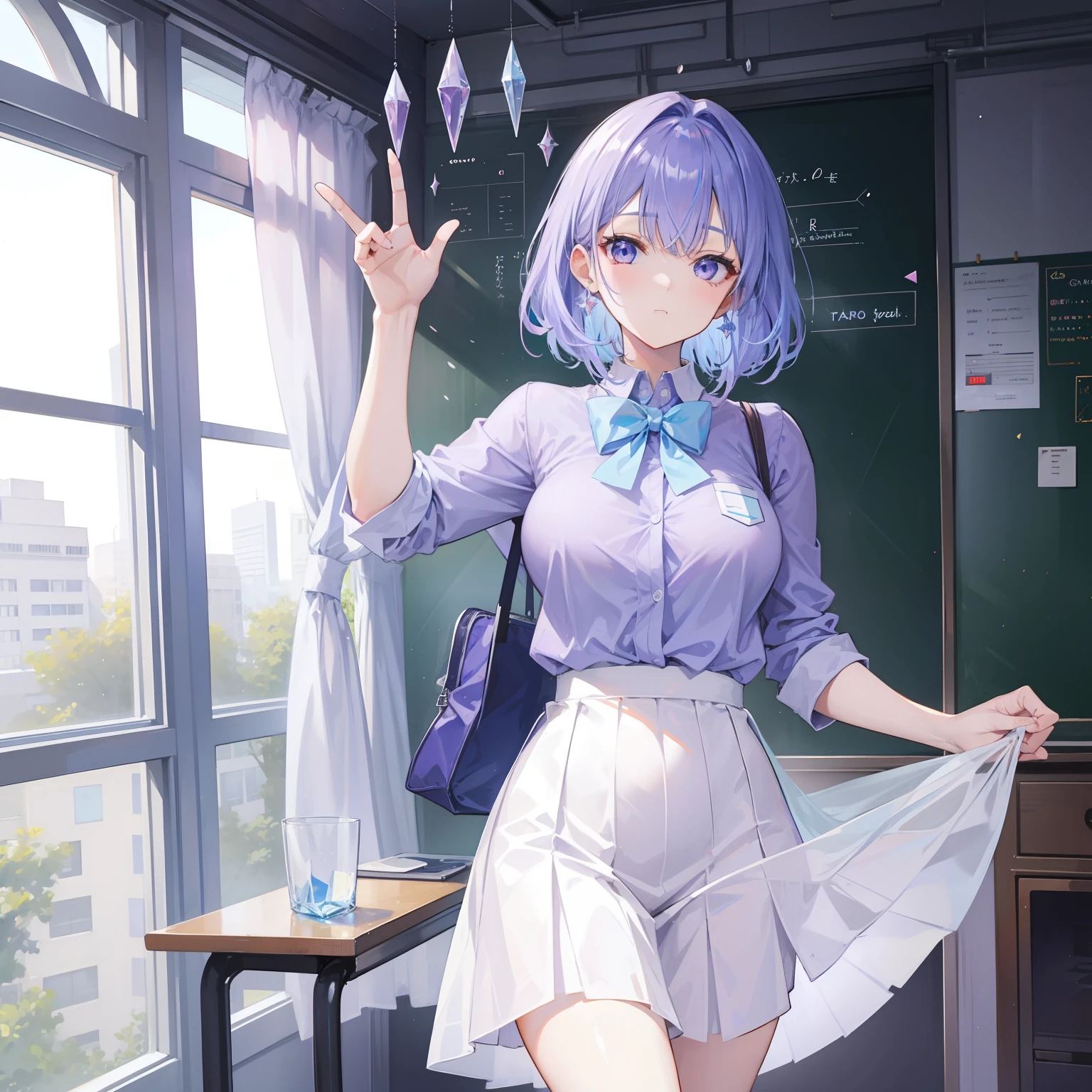 Light purple-blue hair，Crystal clear teacher uniforms，Beautiful female ...