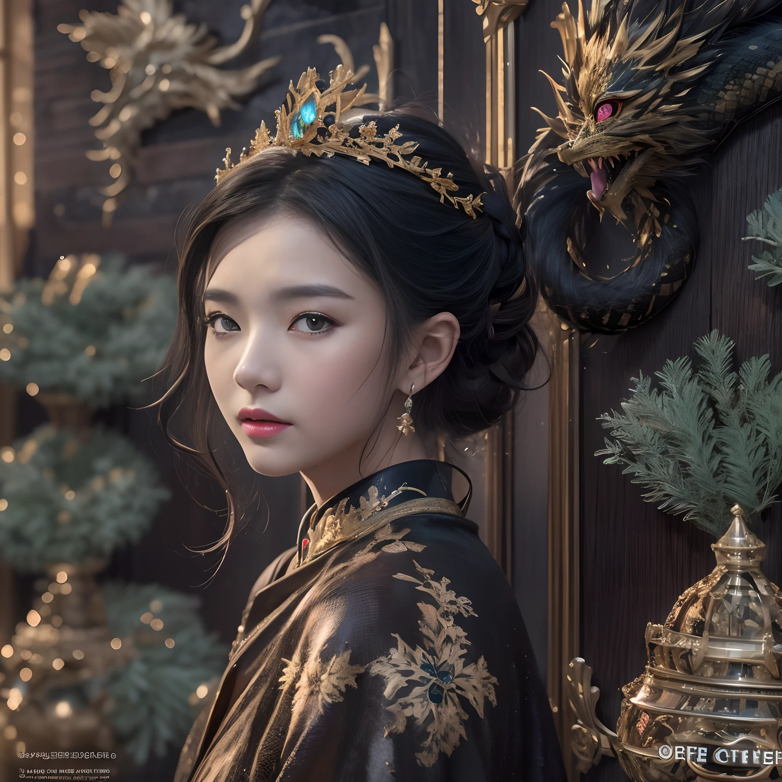 A close up of a woman wearing a gold crown and a black robe - SeaArt AI