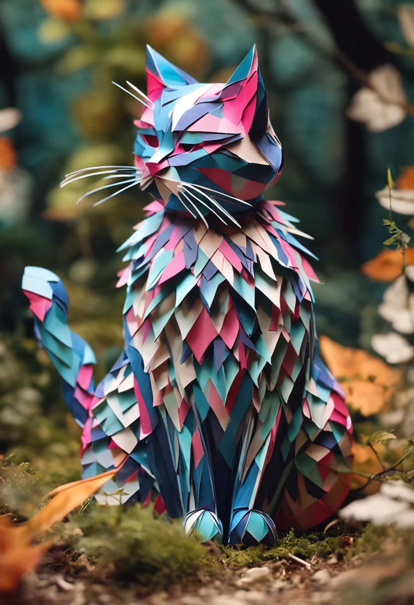 A close up of a cat made out of paper sitting on a mossy ground - SeaArt AI