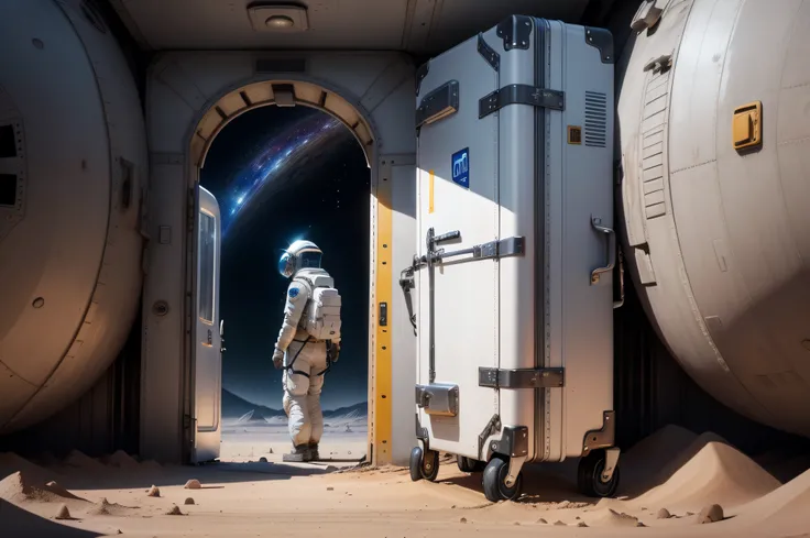 dusty federal gates stand on the lunar surface, small space suitcases ...