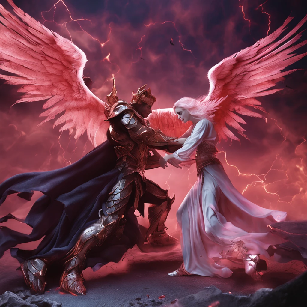 A couple of angels fighting over a demon in a dark sky - SeaArt AI
