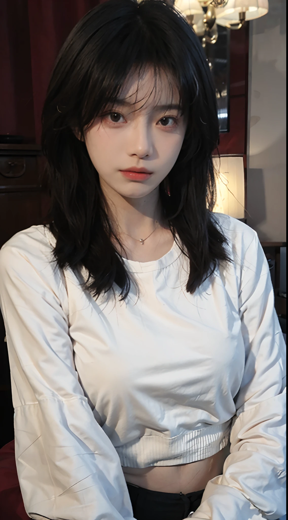 最好的品质, 超高分辨率, (现实地:14),baoyu Girl,1个女孩 长卷发,眺望远方,中等乳房,红色短款毛衣,一种气氛感,身材苗条的美丽女人14 腹肌,超细脸,精致的眼睛