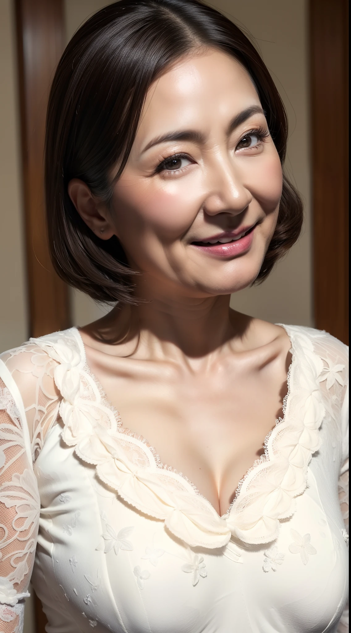 A Close Up Of A Woman In A White Dress Smiling Seaart Ai