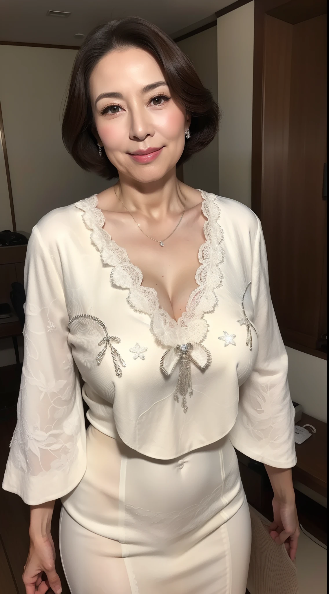 白いドレスを着て写真を撮る女性のクローズアップ Seaart Ai
