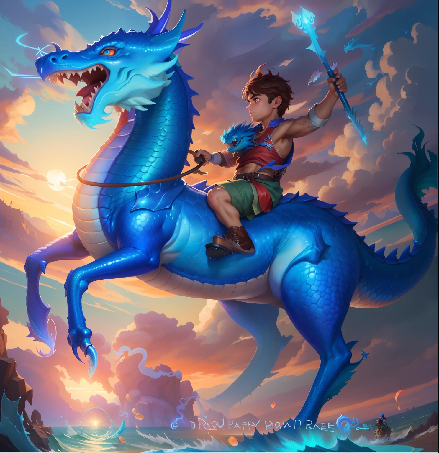 A painting of a man riding a blue dragon with a spear - SeaArt AI