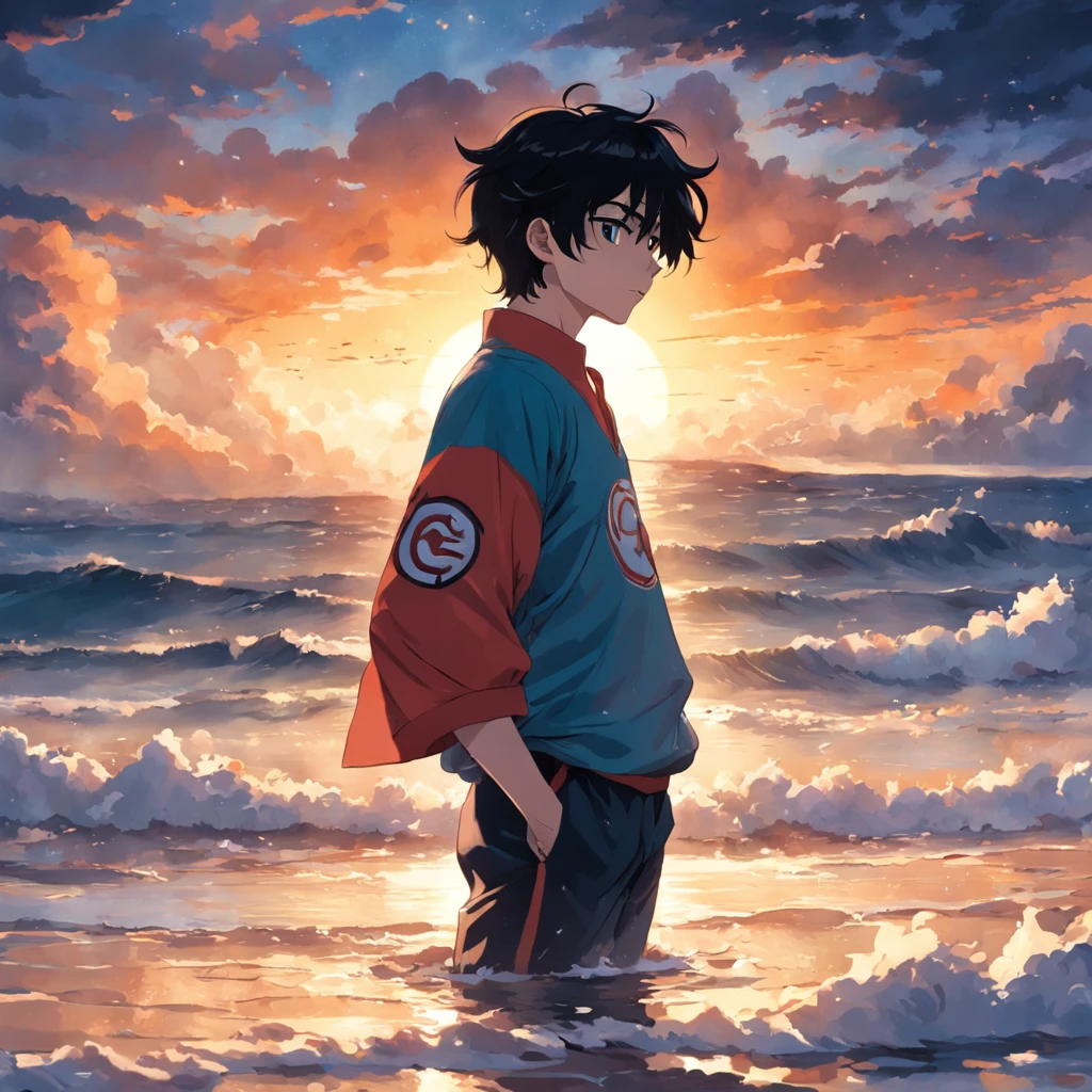 Anime boy standing in the ocean with the sun setting behind him - SeaArt AI