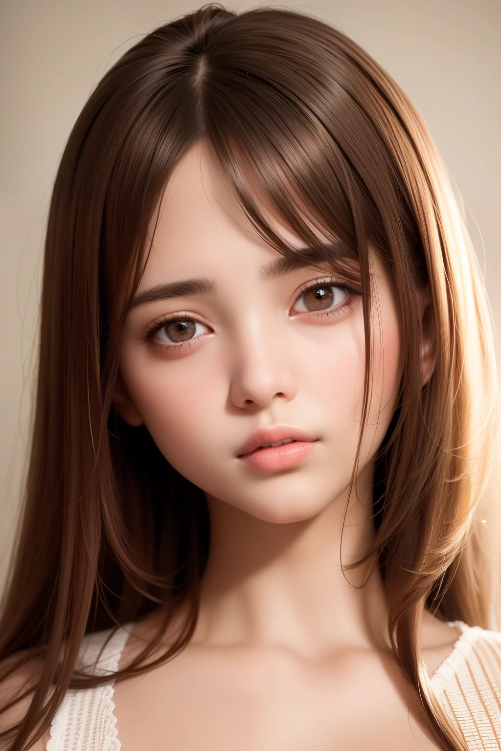 長い茶色の髪と白いトップスを着た女性 Seaart Ai