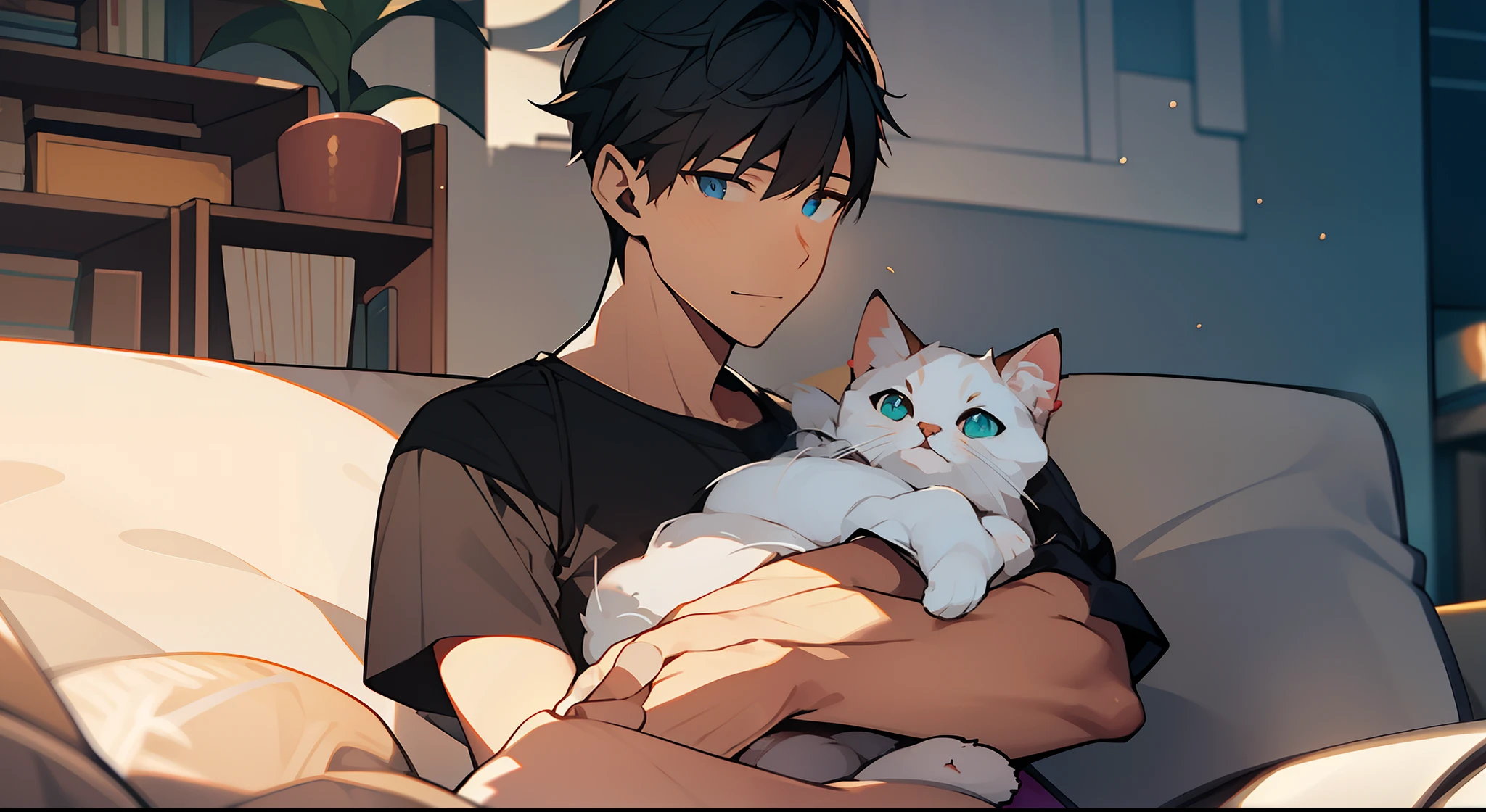 Anime guy holding a white cat on a couch in a living room - SeaArt AI