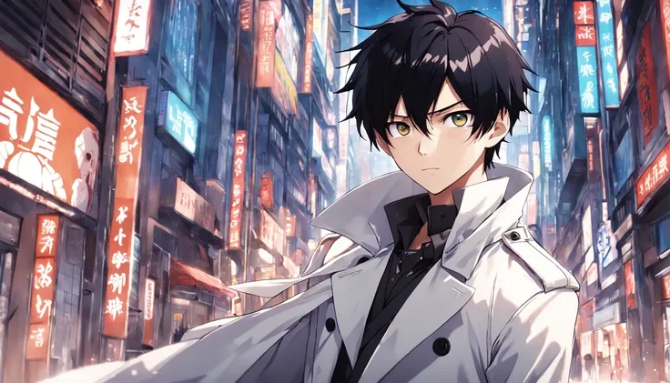 Handsome anime guy with short black hair and bright eyes，short beard ...