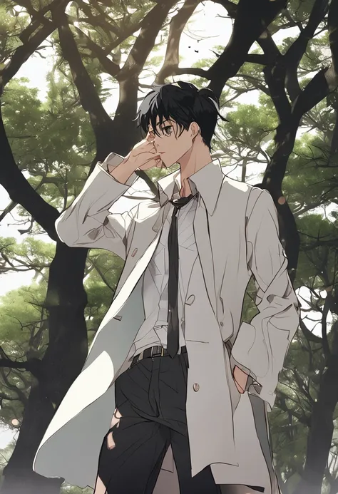Handsome anime guy with short black hair and bright eyes，The body is ...