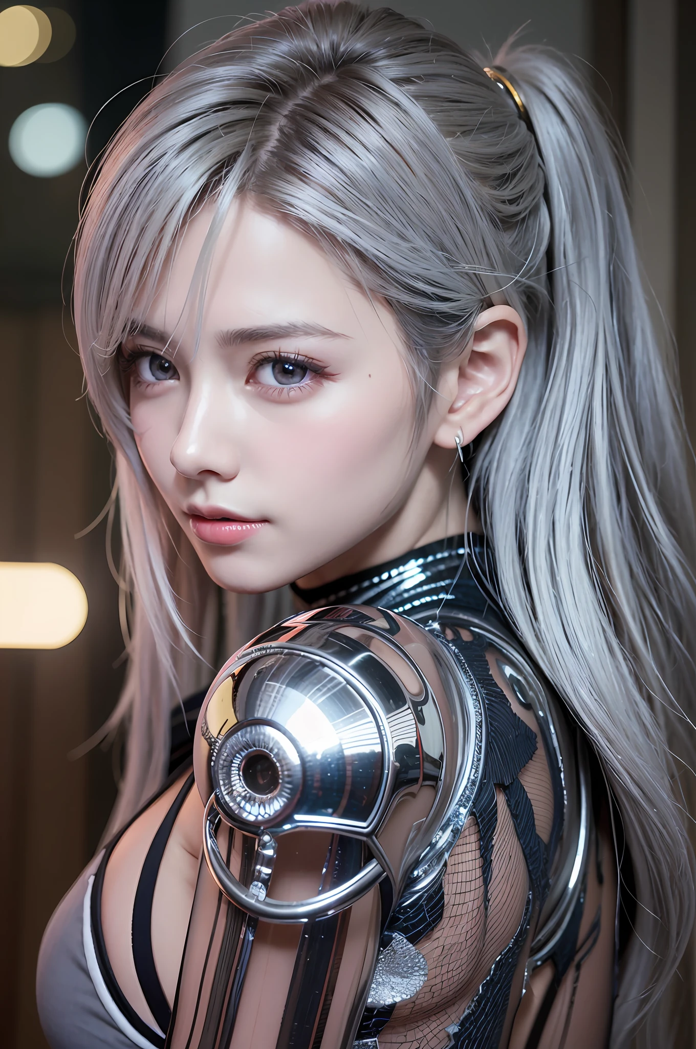 長い髪と未来的な服を着た女性が写真を撮るためにポーズをとっている Seaart Ai