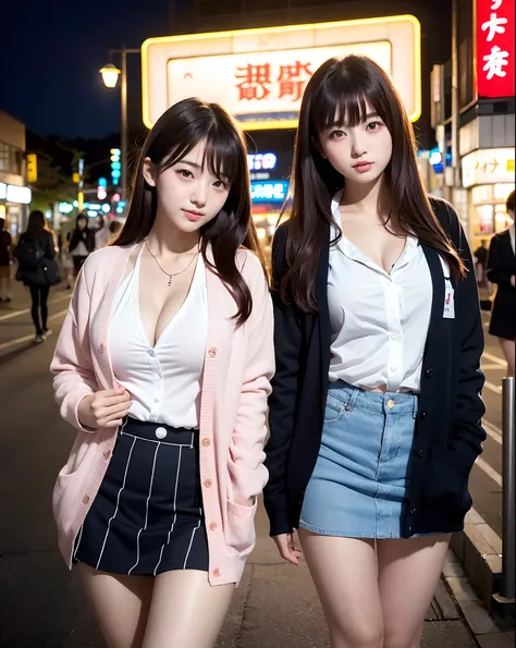ボーダーTシャツとマイクロミニホットパンツの女の子, Two beautiful 日本の女の子、 14年、はちきれそうな大きな胸、夜のネオン街の風俗店の前に立つ、セクシーな女の子, ゴージャス ...