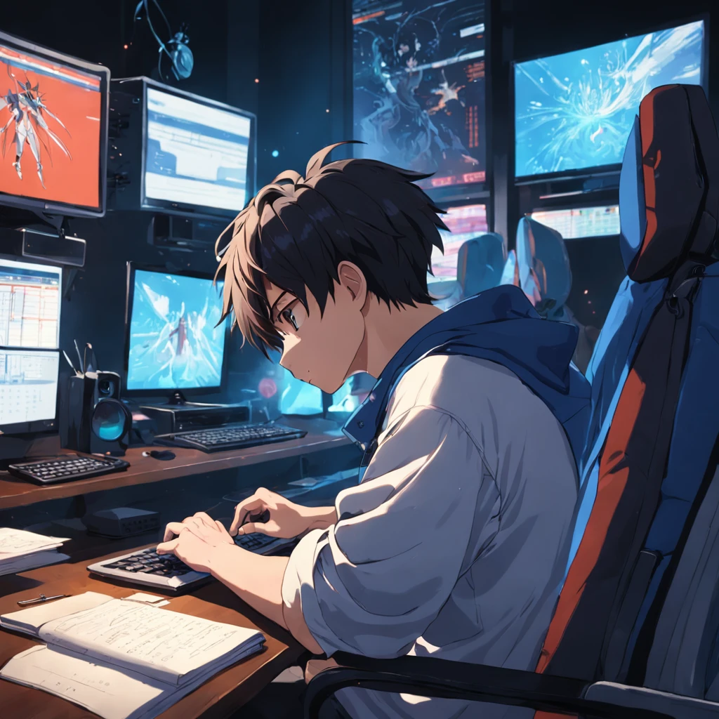 Anime boy sitting at a desk with a computer and a keyboard - SeaArt AI