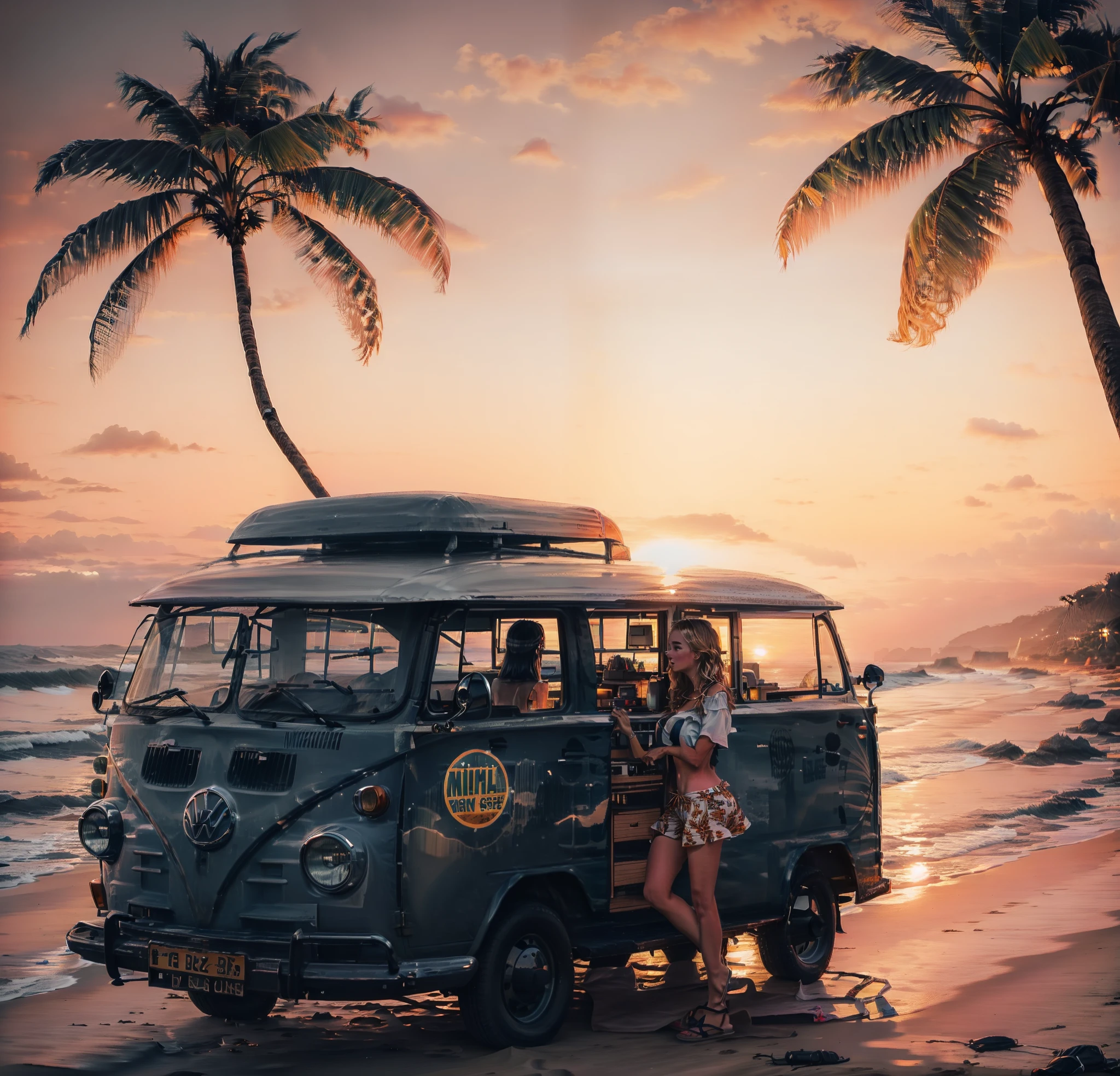 Surfers pose in VW van on the beach at sunset, Carrinha, microbus ...