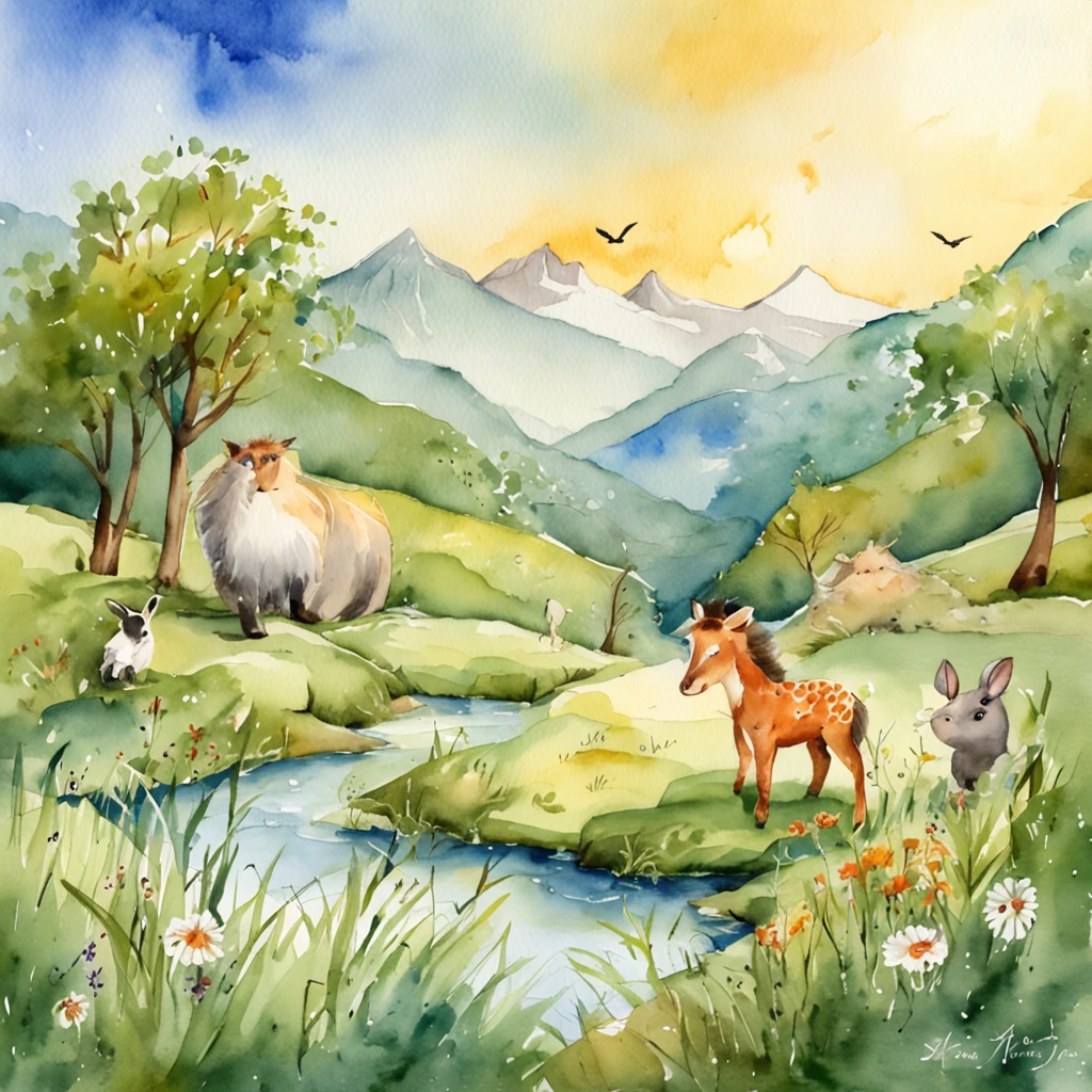Painting of a watercolor of a mountain scene with animals and a stream ...