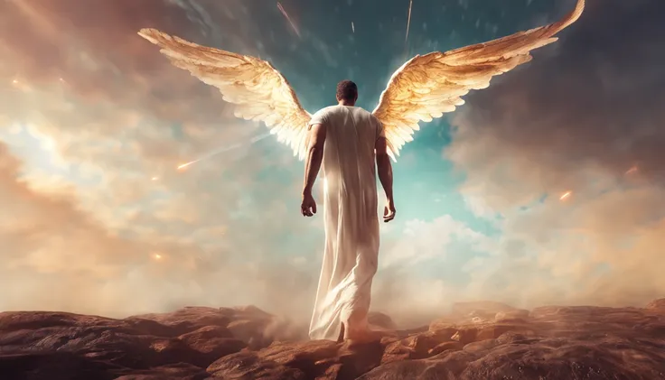 Angel coming from above, holding something in its hands as it hovers down, male angel - SeaArt AI