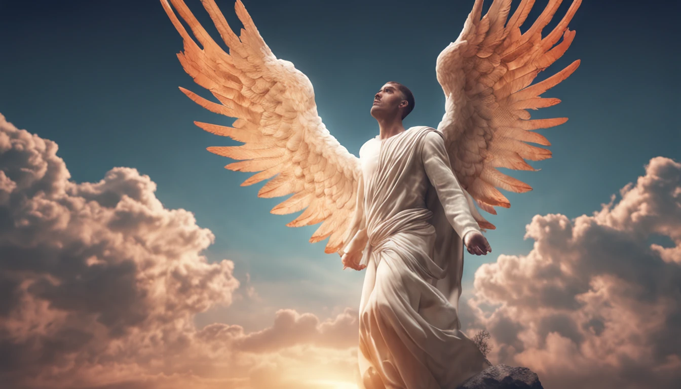 Angel coming from above, holding something in its hands as it hovers down, male angel - SeaArt AI