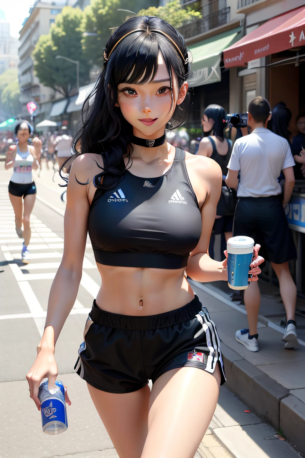 Araffe woman in a black top and shorts walking down a street - SeaArt AI