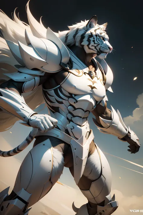 Super cute furry white tiger warrior in armor、realisitic、4K、ultra-detailliert、 vray rendered ...