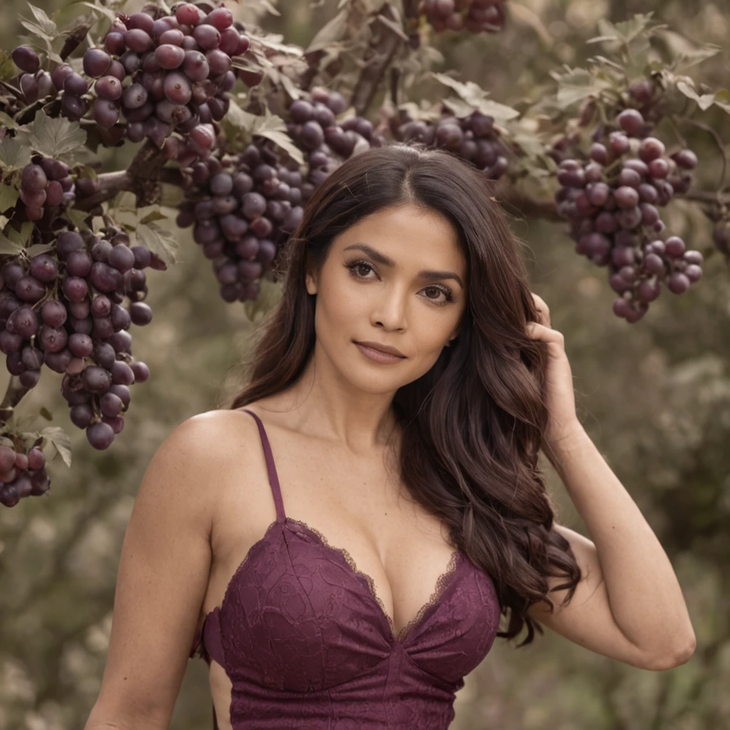 Salma Hayek, Purple bikini, smiles slyly, in a wonderful forest, Large plums grow on a large ...