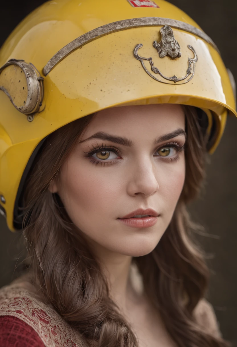 A close up of a woman wearing a yellow helmet with a red dress - SeaArt AI