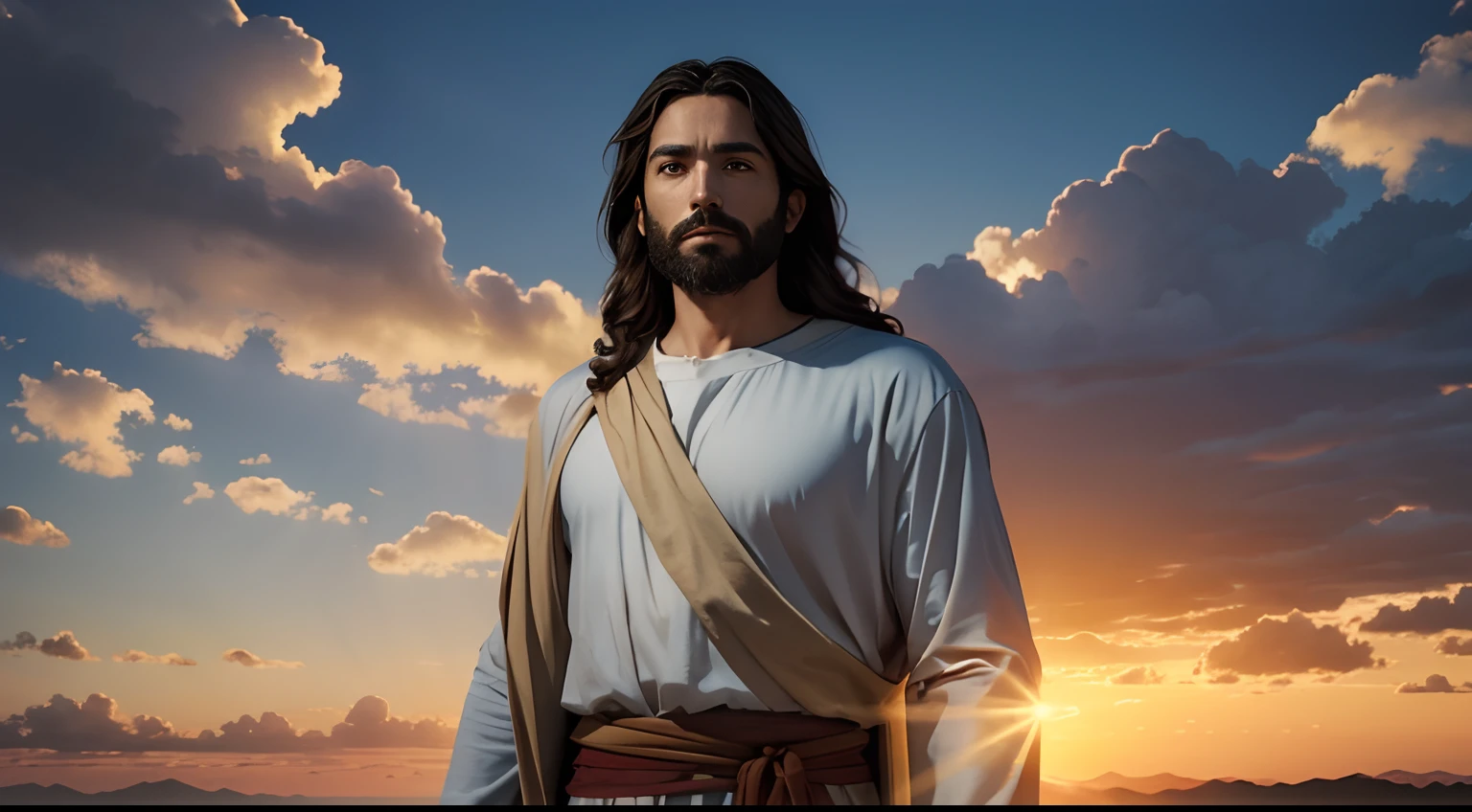 A portrait of Jesus, full body, sky, clouds, sunset - SeaArt AI