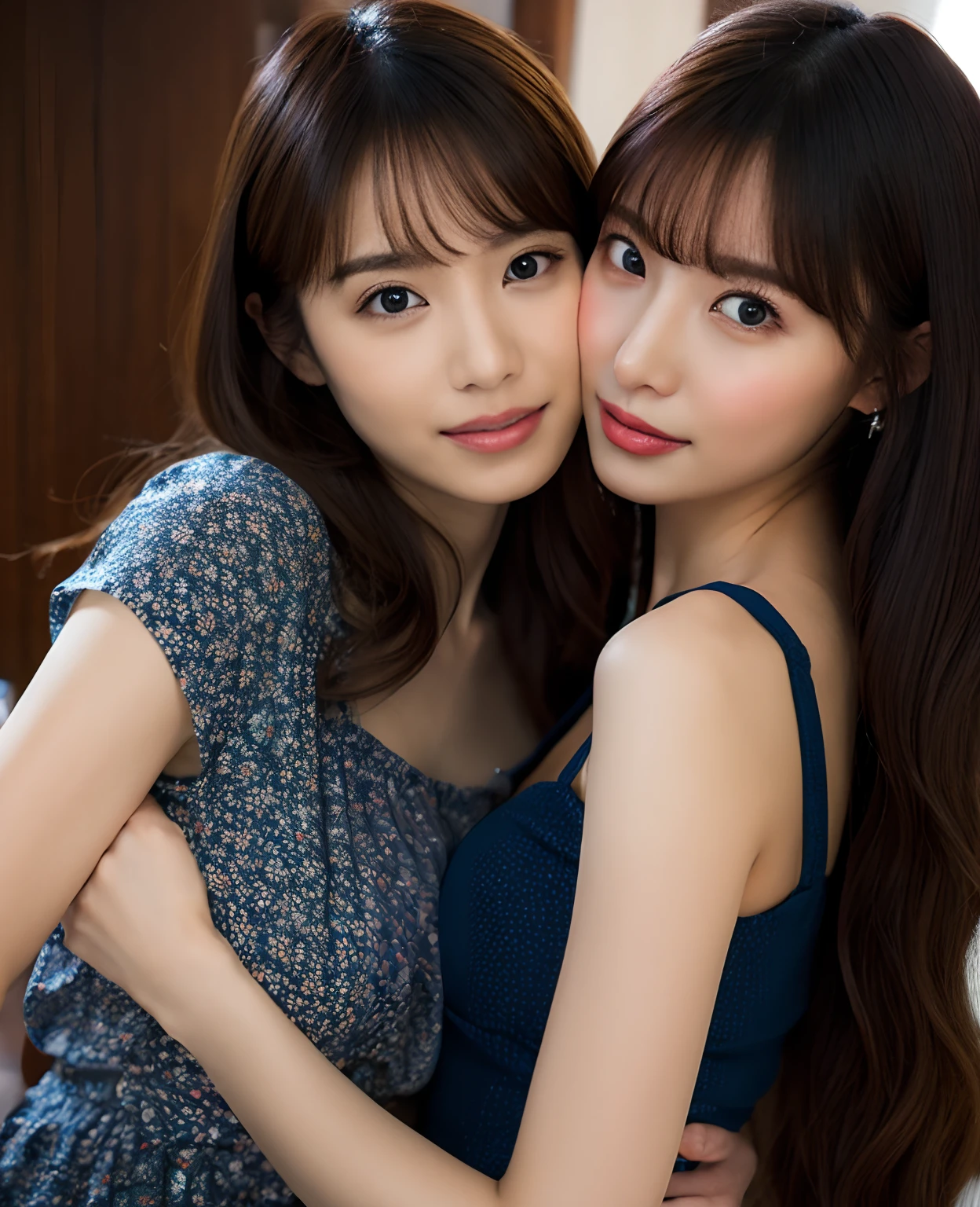 Two asian women hugging each other in a room - SeaArt AI