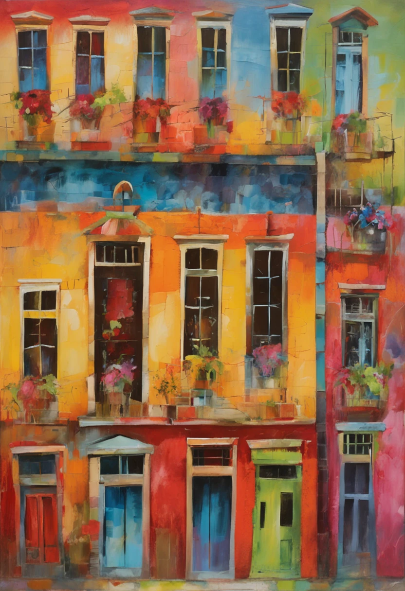A painting of a colorful building with a bunch of flowers on the ...