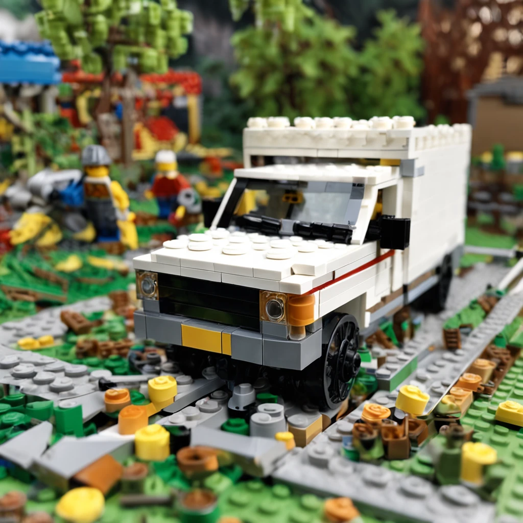 Lego brick scene，Men's white top，Denim cargo pants，Wash the machine with Karcher，ultra-realistic ...
