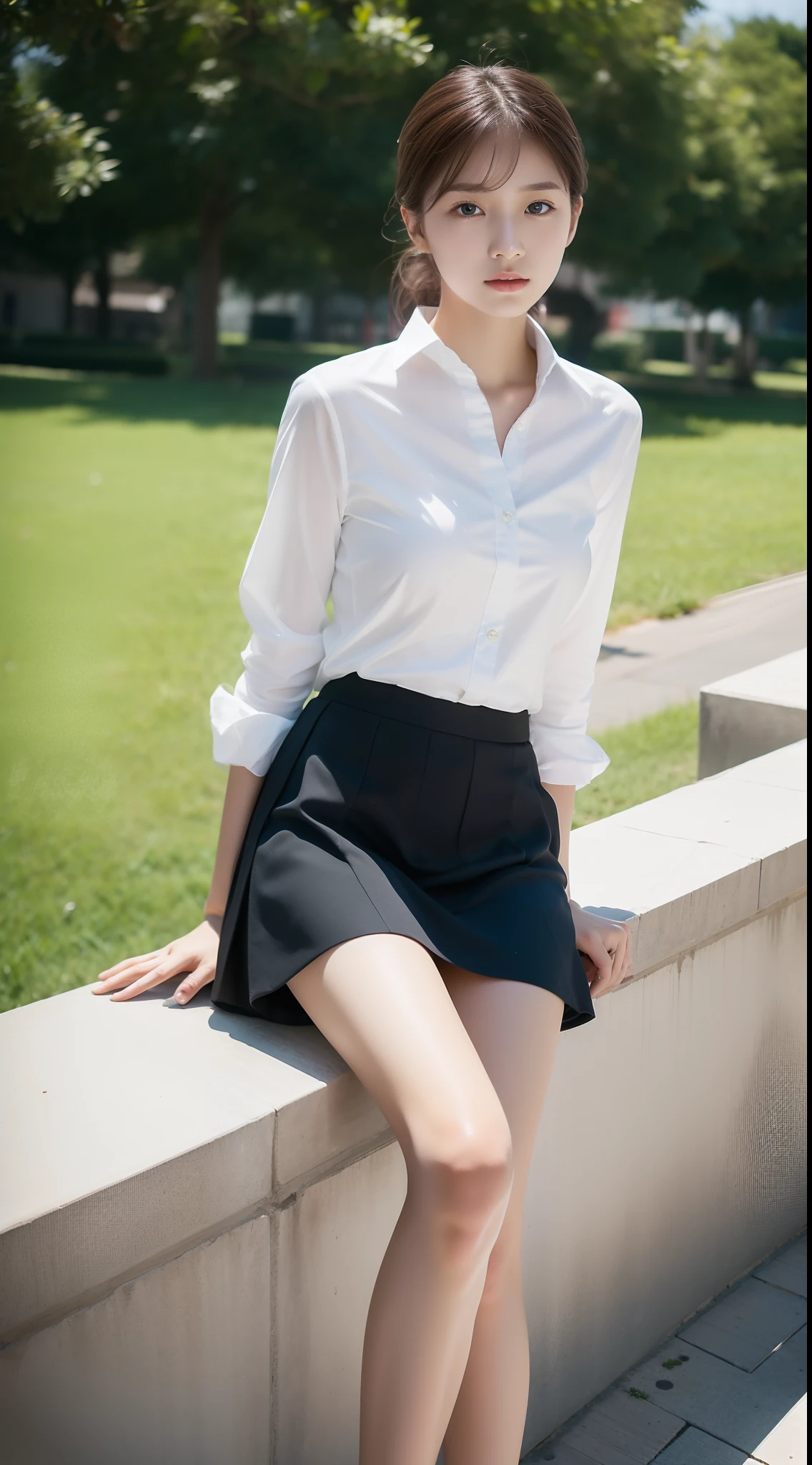 Arafed asian woman in a white shirt and black skirt posing for a picture - SeaArt AI