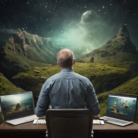 Beautiful surreal programming scenery, 10 men sitting at a computer and ...