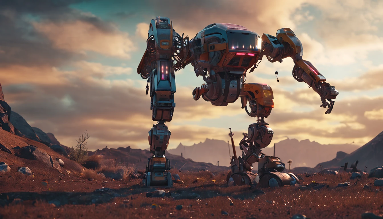 A close up of a robot standing in a field with a sky background - SeaArt AI