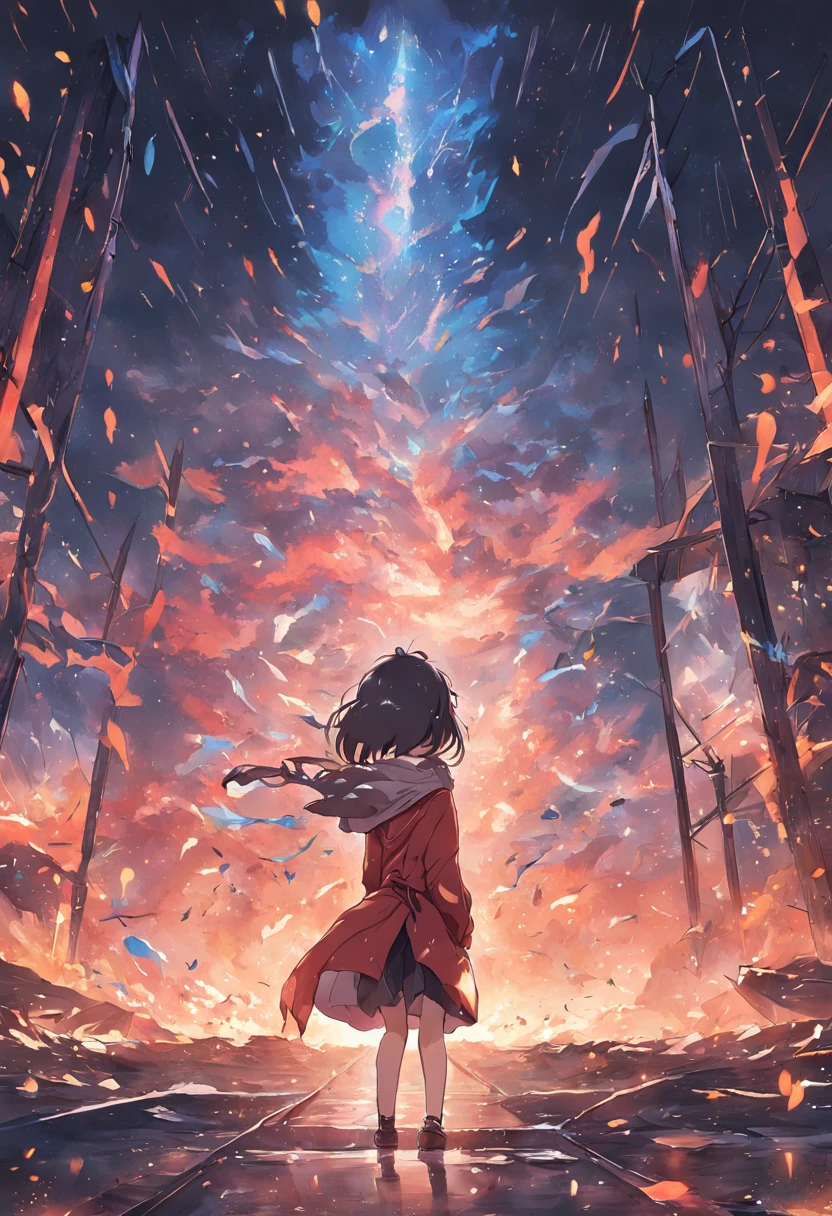 A girl in a red coat standing in a dark room with a fire - SeaArt AI