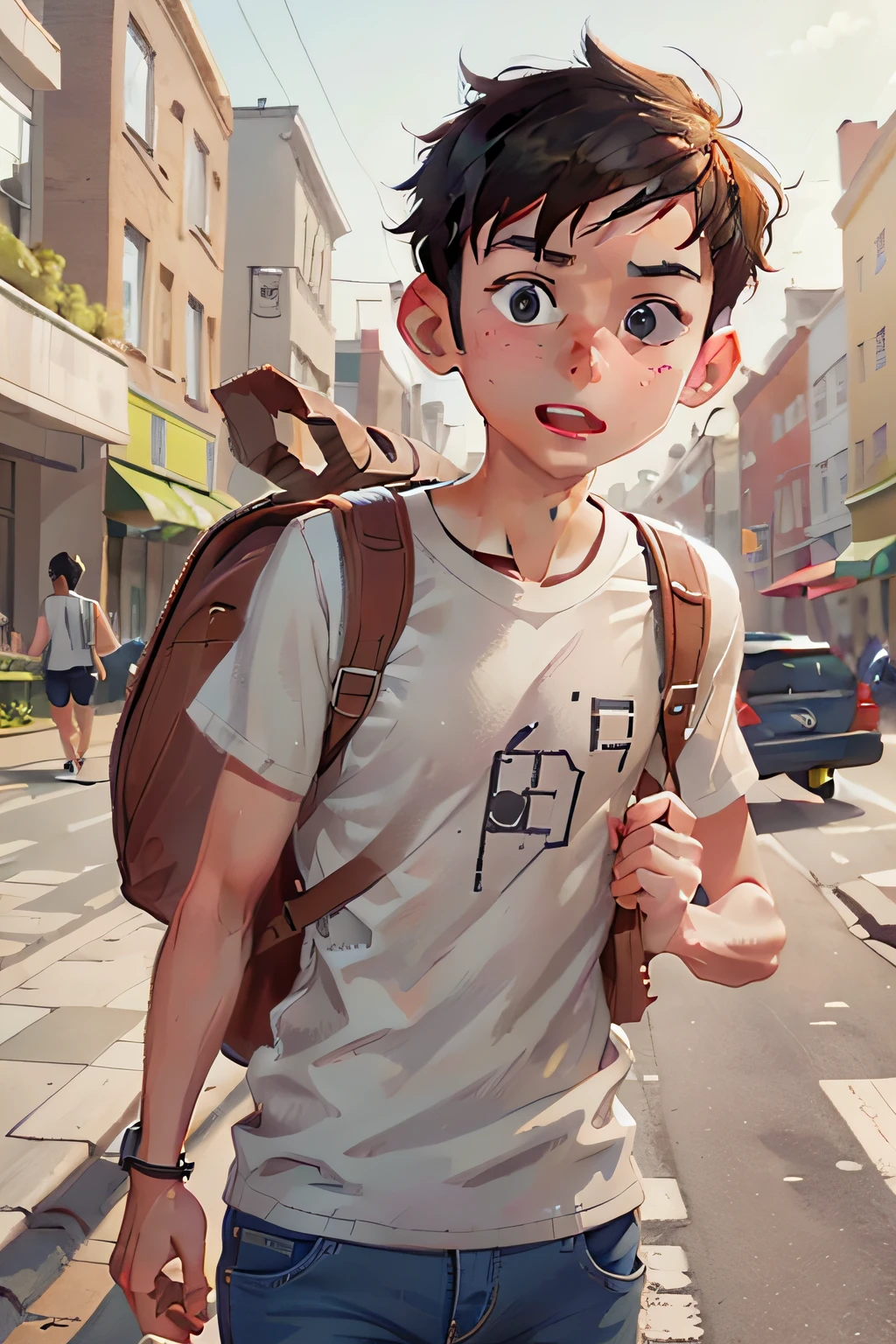 ชายหนุ่มผอมบาง มีผมสั้นสีดำ กำลังไปมหาวิทยาลัย โดยมีกระเป๋าเป้อยู่บน