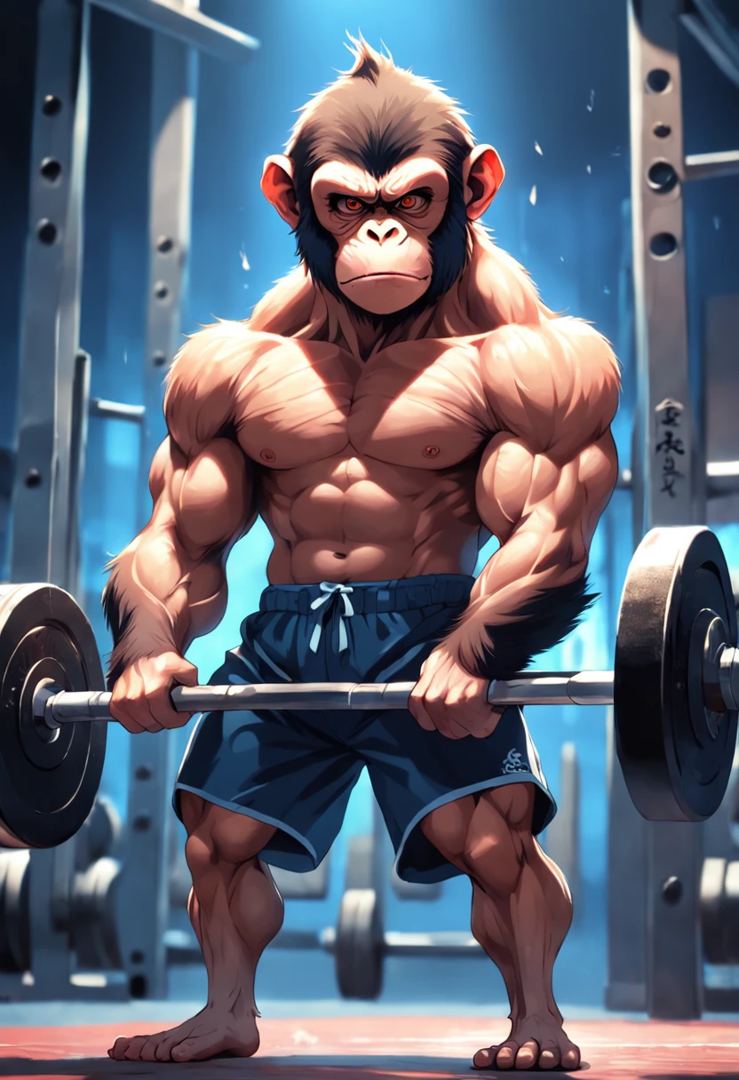 A cartoon gorilla with a barbell in a gym - SeaArt AI