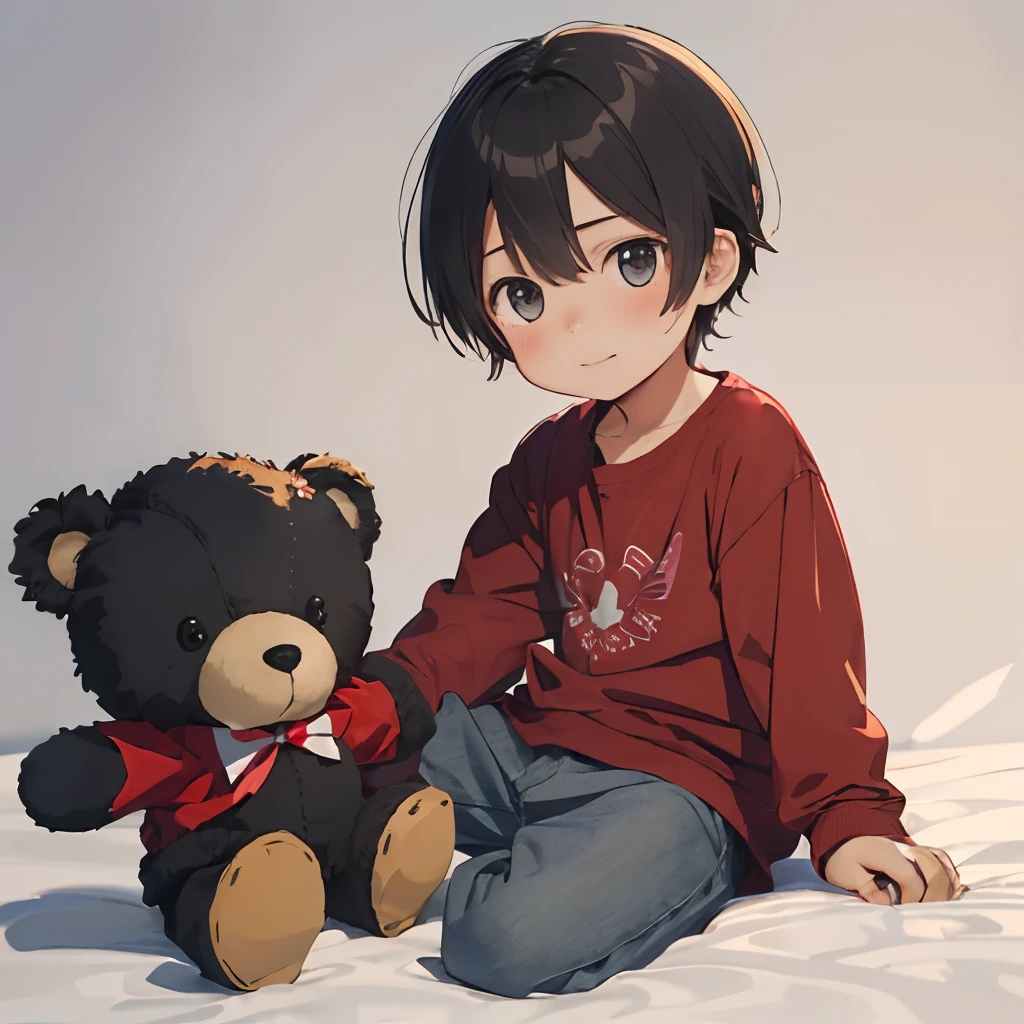 Anime boy sitting on bed with teddy bear in hand - SeaArt AI