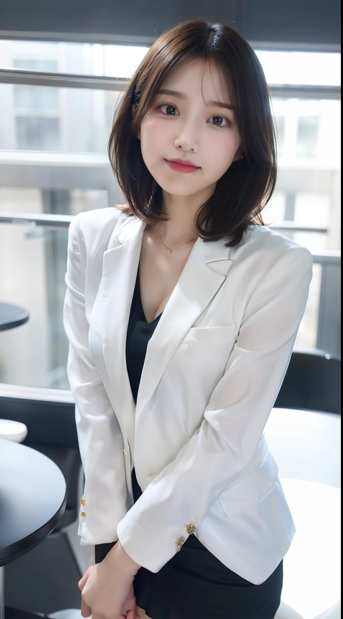 흰 재킷과 검은 치마를 입은 여자의 클로즈업 Seaart Ai
