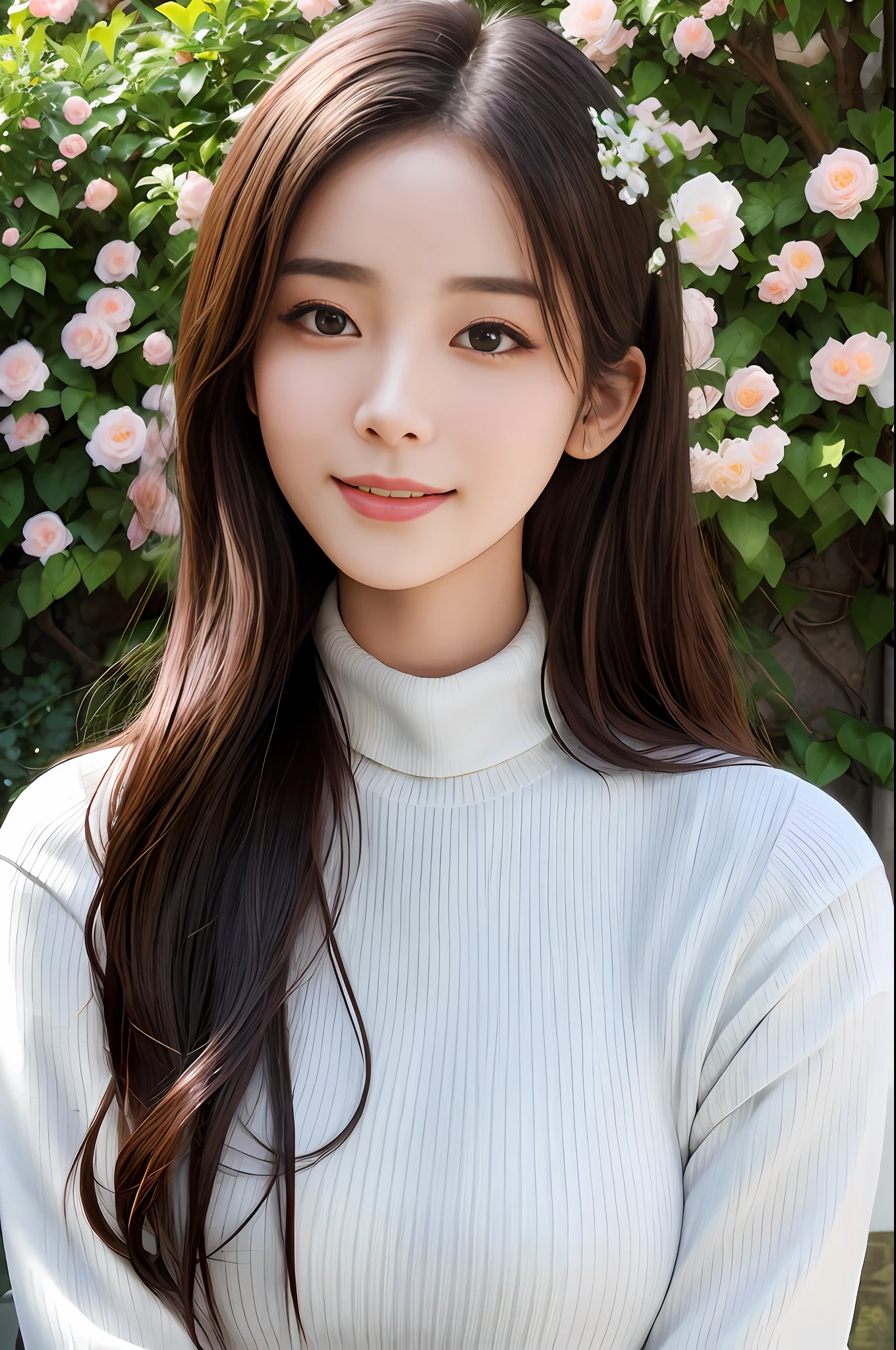 A close up of a woman with long hair wearing a white sweater - SeaArt AI